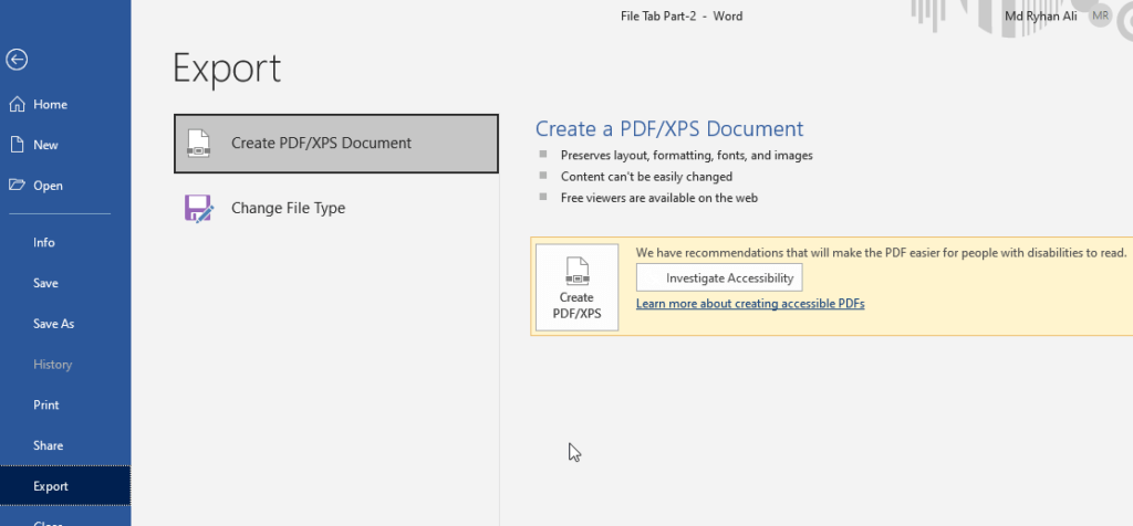 File Tab in MS Word 2019 Password-PDF-Share-Print - RS Acade